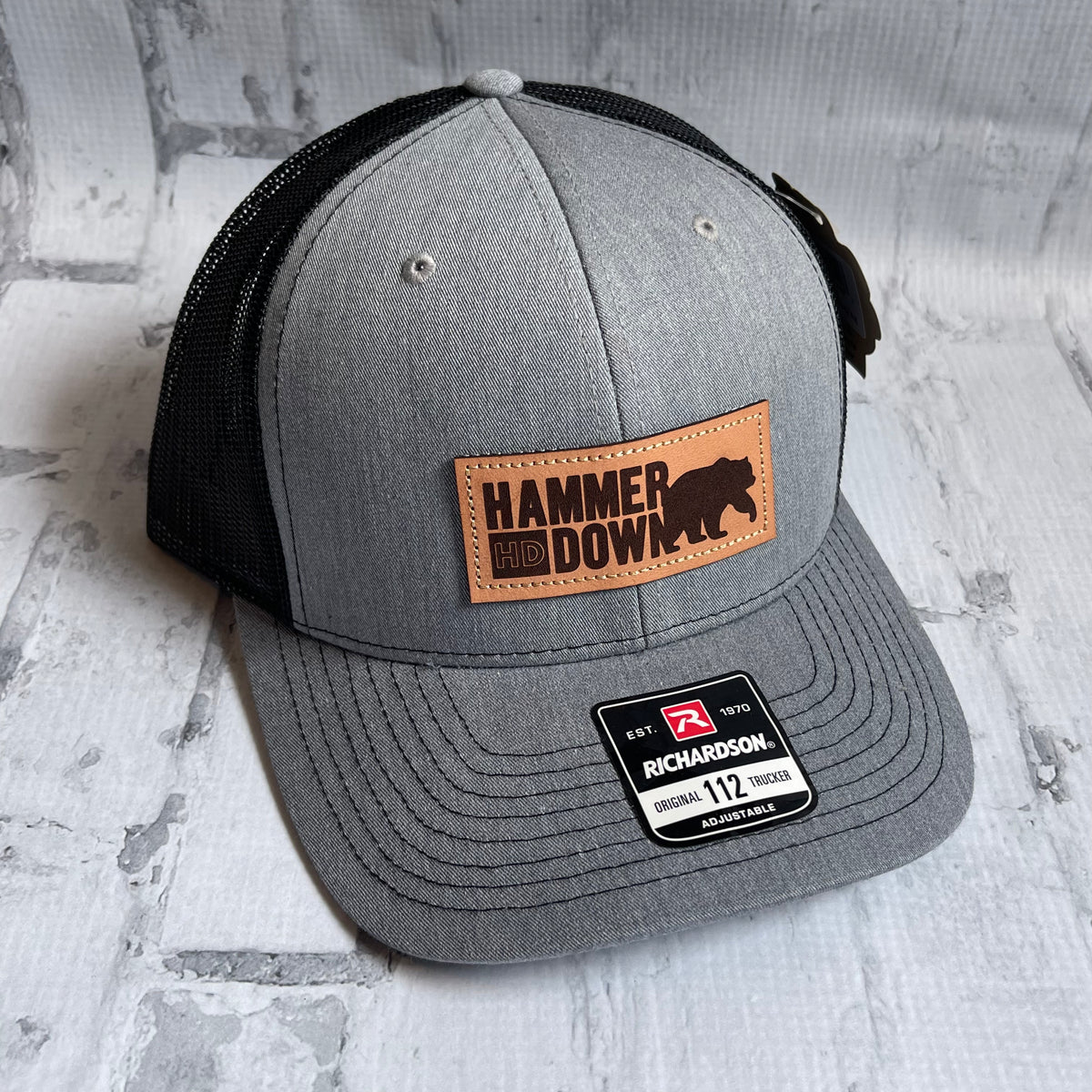 Hammer Down "Rectangle Bear" Hat - Heather Gray with Leather Patch ...