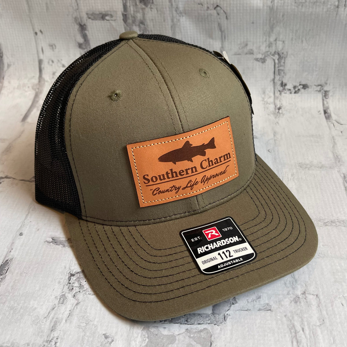Southern Charm "Trout CLA" Hat - Green with Leather Patch – Southern ...