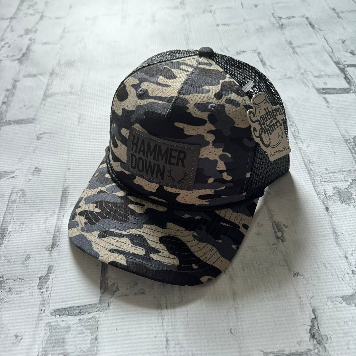 Hammer Down “Lettering" Hat - Battle Camo with Black Rope – Southern ...
